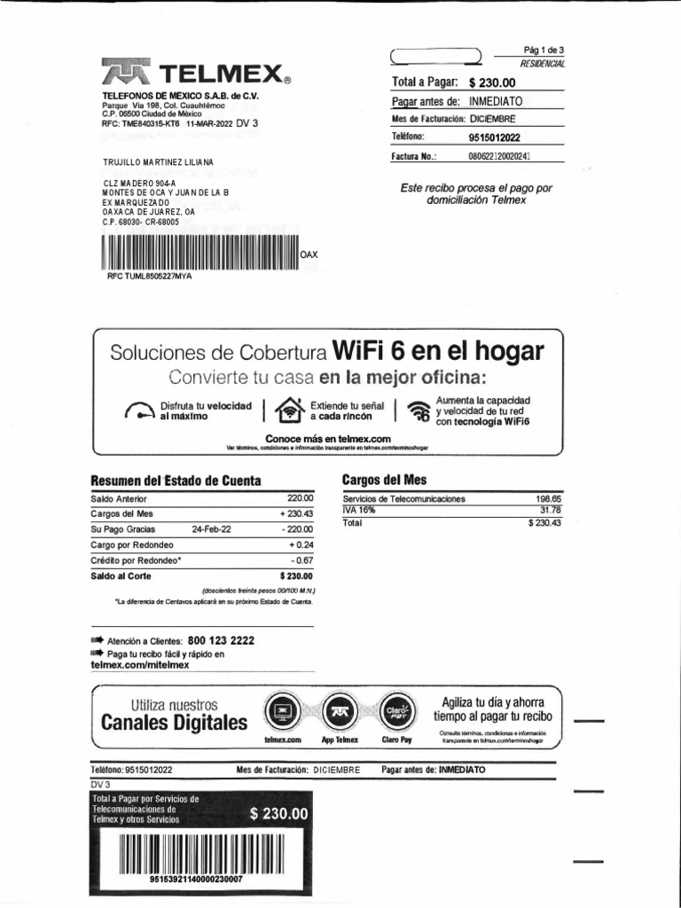 Recibo Telmex | PDF | Electrónica | Informática