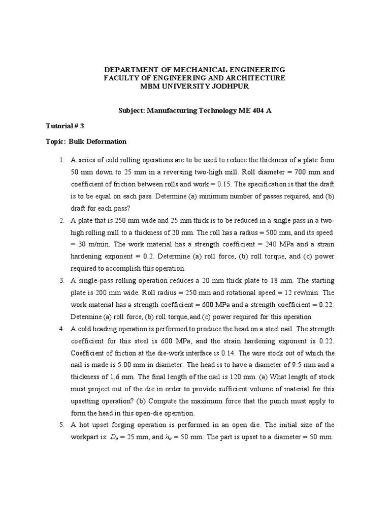 Bulk Deformation Manufacturing Processes | PDF | Extrusion | Strength ...