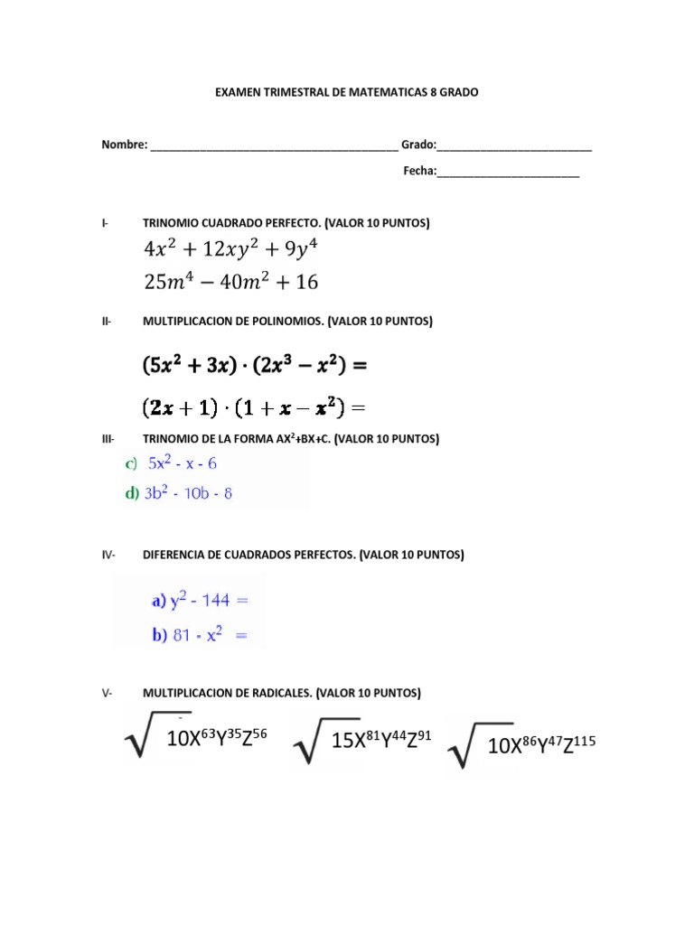 Examen de Matematicas Octavo | PDF