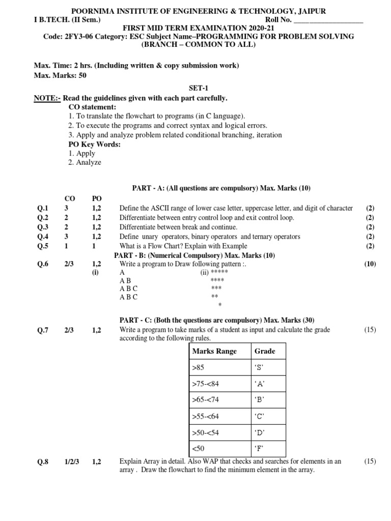 PPS - I Mid Term-SET-1 | PDF | Control Flow | Computer Program