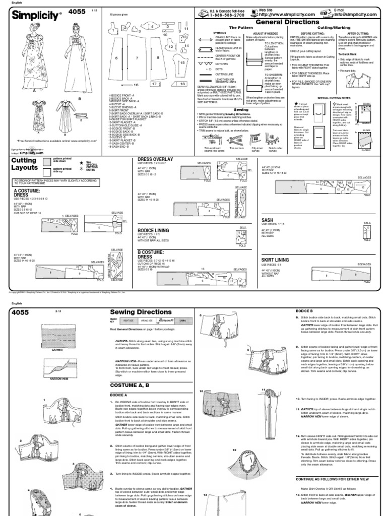 Simplicity Pattern 4055 Instructions | PDF | Seam (Sewing) | Softlines ...