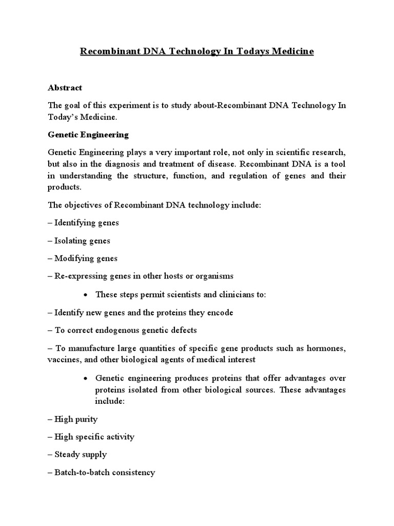 Recombinant DNA Technology in Todays Medicine-BIO PROJECT | PDF ...
