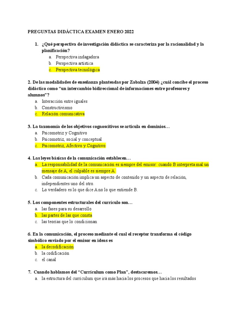 Preguntas Didáctica 2022 - Respuestas | PDF | Plan de estudios | Evaluación