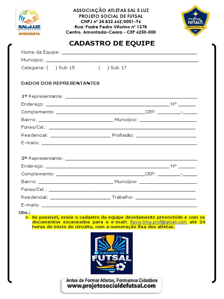 Ficha de Inscrição - Viii Circuito de Futsal de Amontada 2022 | PDF Ficha de Inscrição - Viii Circuito de Futsal de Amontada 2022 | PDF