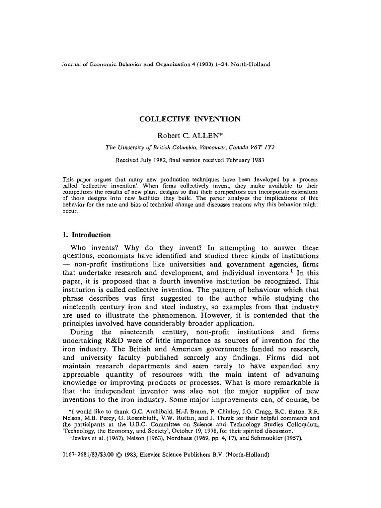 Allen R. C. (1983) Collective Invention | PDF | Invention | Economic Growth