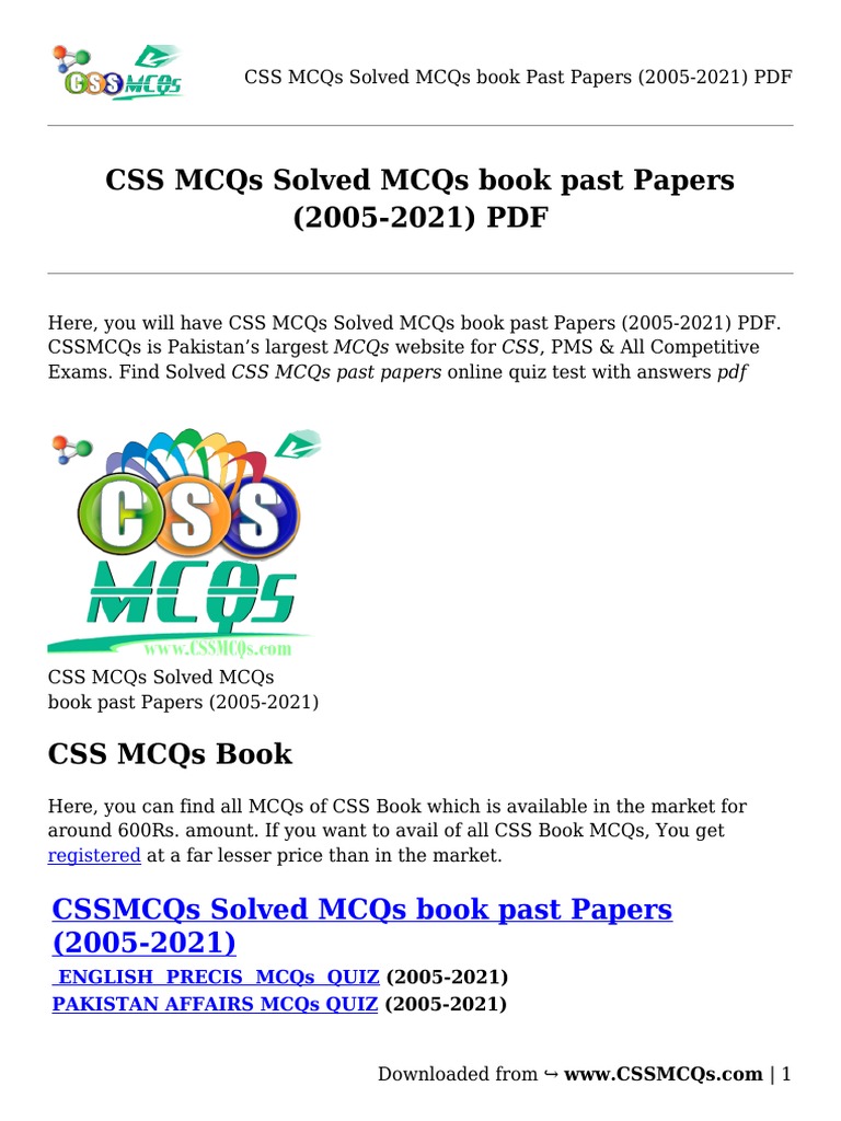 CSS MCQs Solved MCQs Book Past Papers (2005-2021) PDF | Download Free ...
