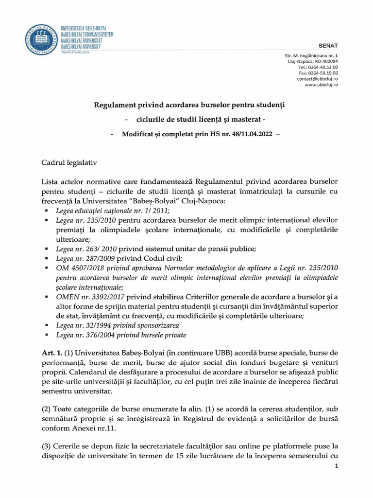 Regulament de Burse Pentru Studenti Modificat | PDF