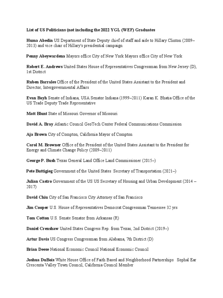 List of WEF (YGL) USA Politicians | PDF | United States House Of ...