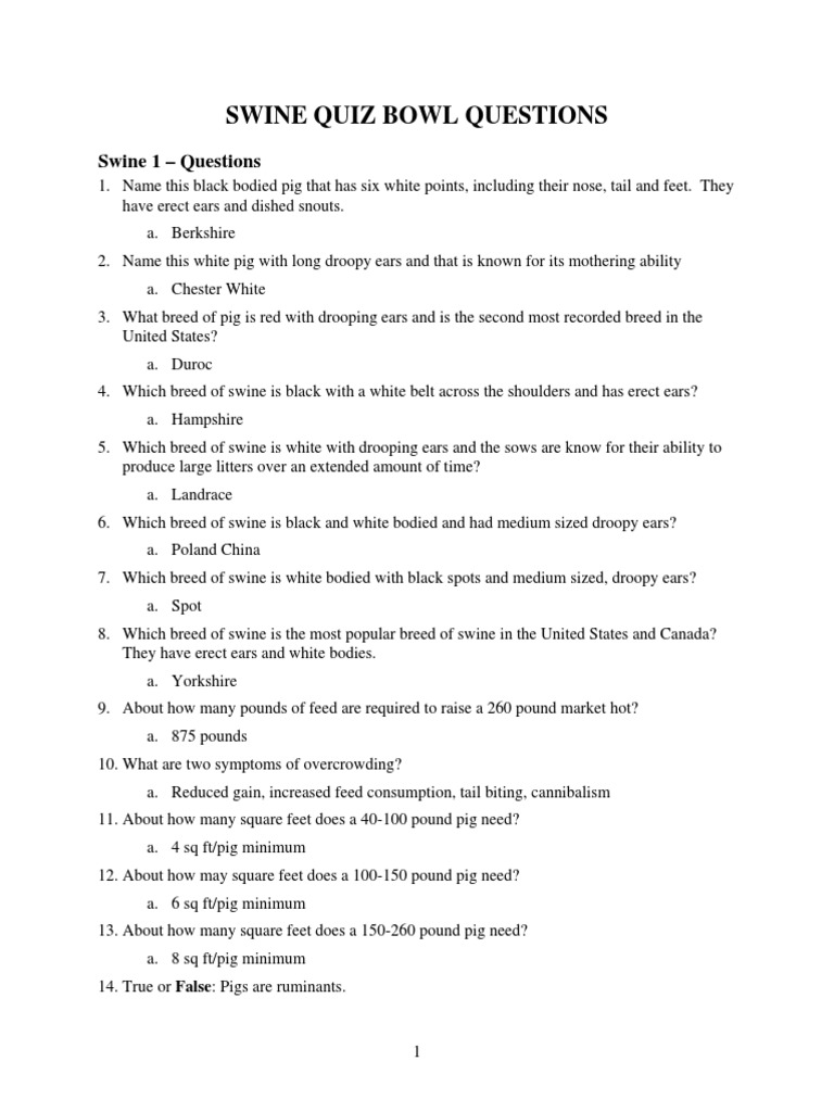 Swine Quiz Bowl Q&A Guide | PDF | Pig | Medical Specialties