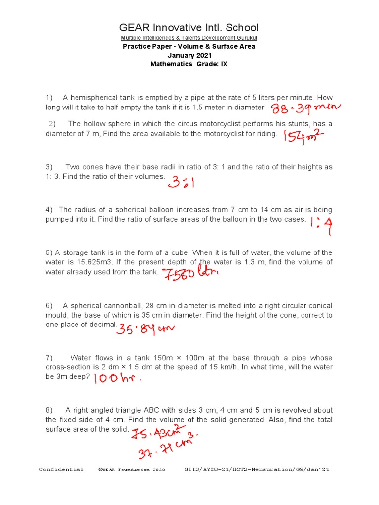Surface Area and Volume Hots Questions | PDF | Sphere | Volume
