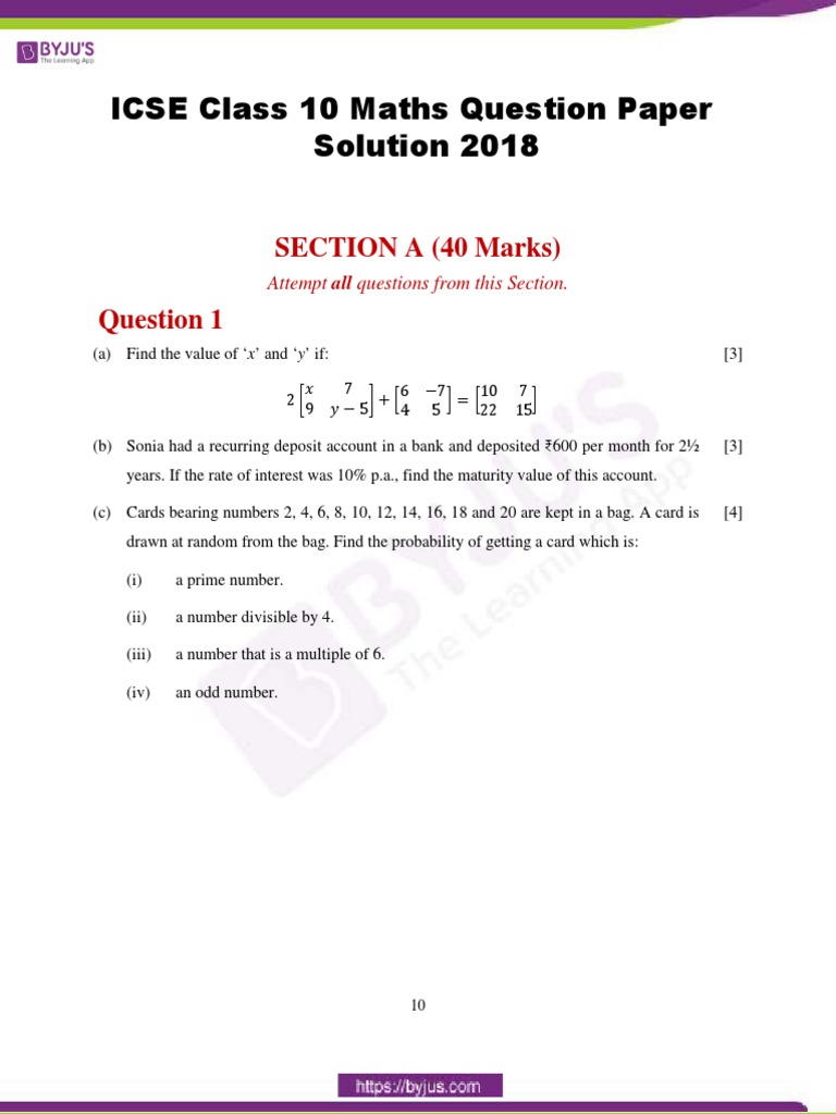 ICSE Class 10 Maths Question Paper Solution 2018 | PDF | Mathematical ...