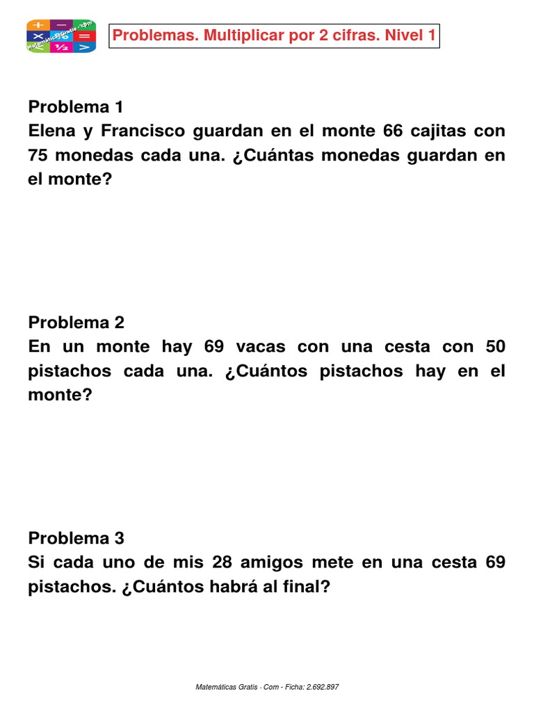 Problemas. Multiplicar Por 2 Cifras. Nivel 1 | PDF