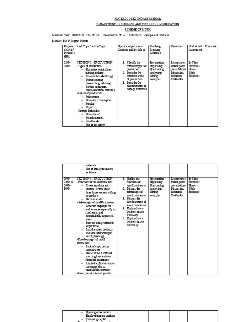 Form 4 Pob - Scheme of Work - Term 3 | PDF | Logistics | Marketing
