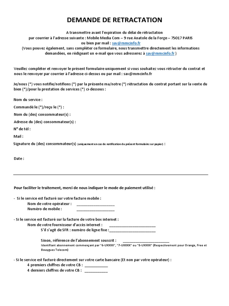 Formulaire Retractation | PDF | Finance et gestion monétaire
