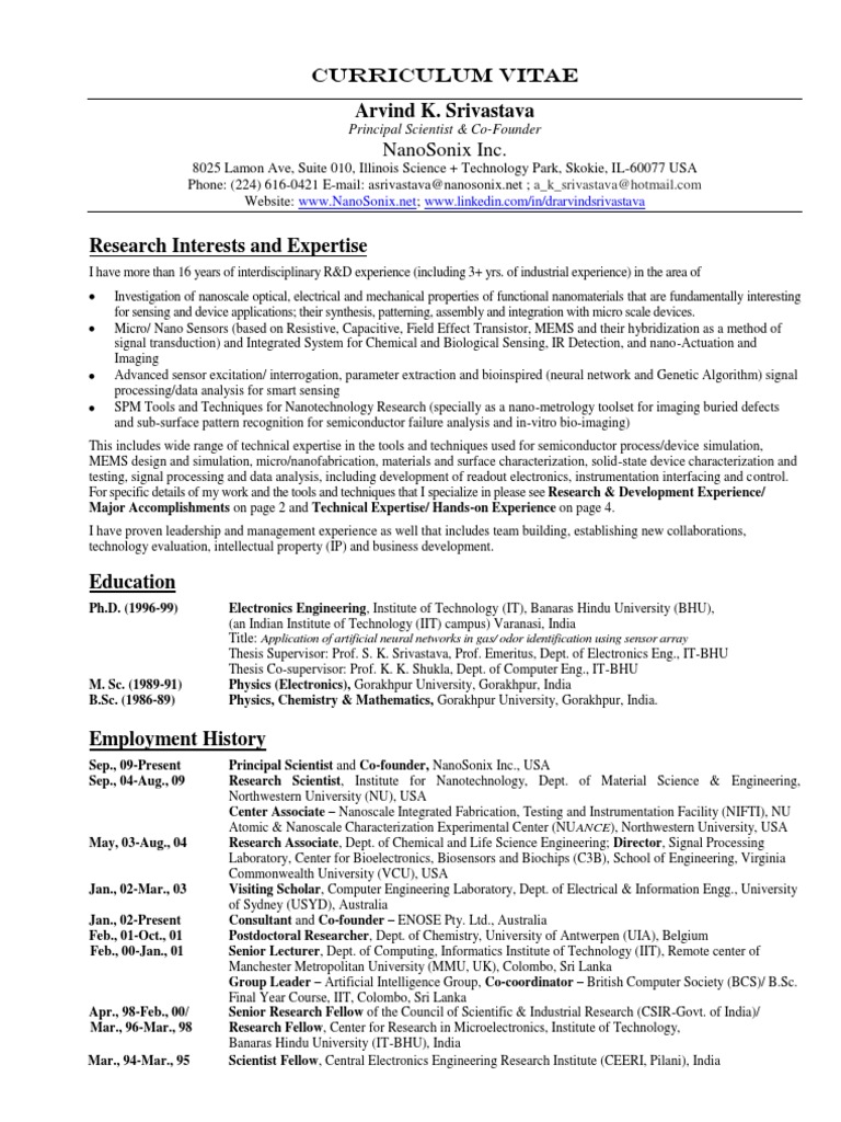 CV of DR Arvind K Srivastava | PDF | Sensor | Nanotechnology
