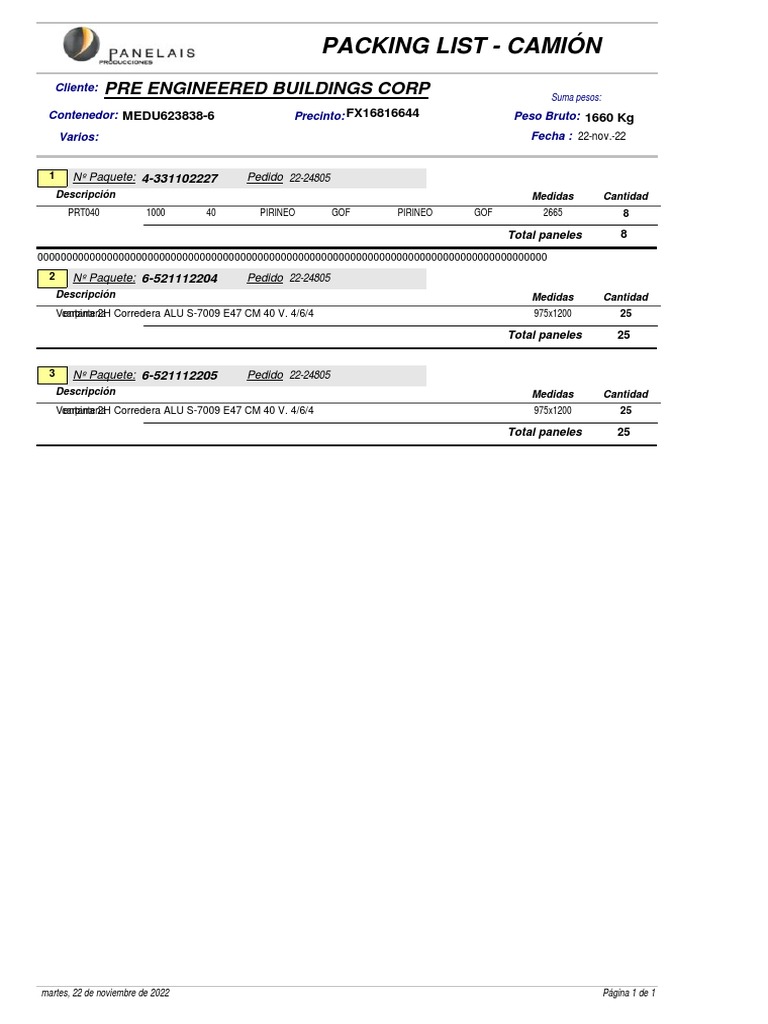 Packing list for truck with panels and windows | PDF