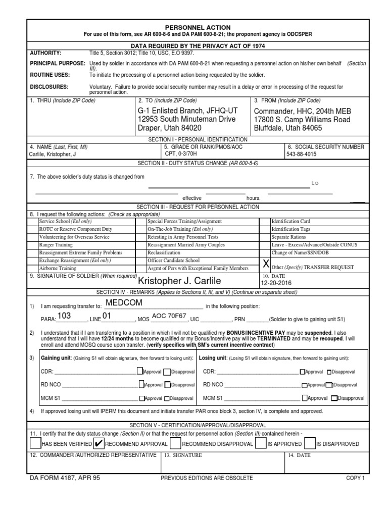 Soldier Personnel Action Form | PDF | Government