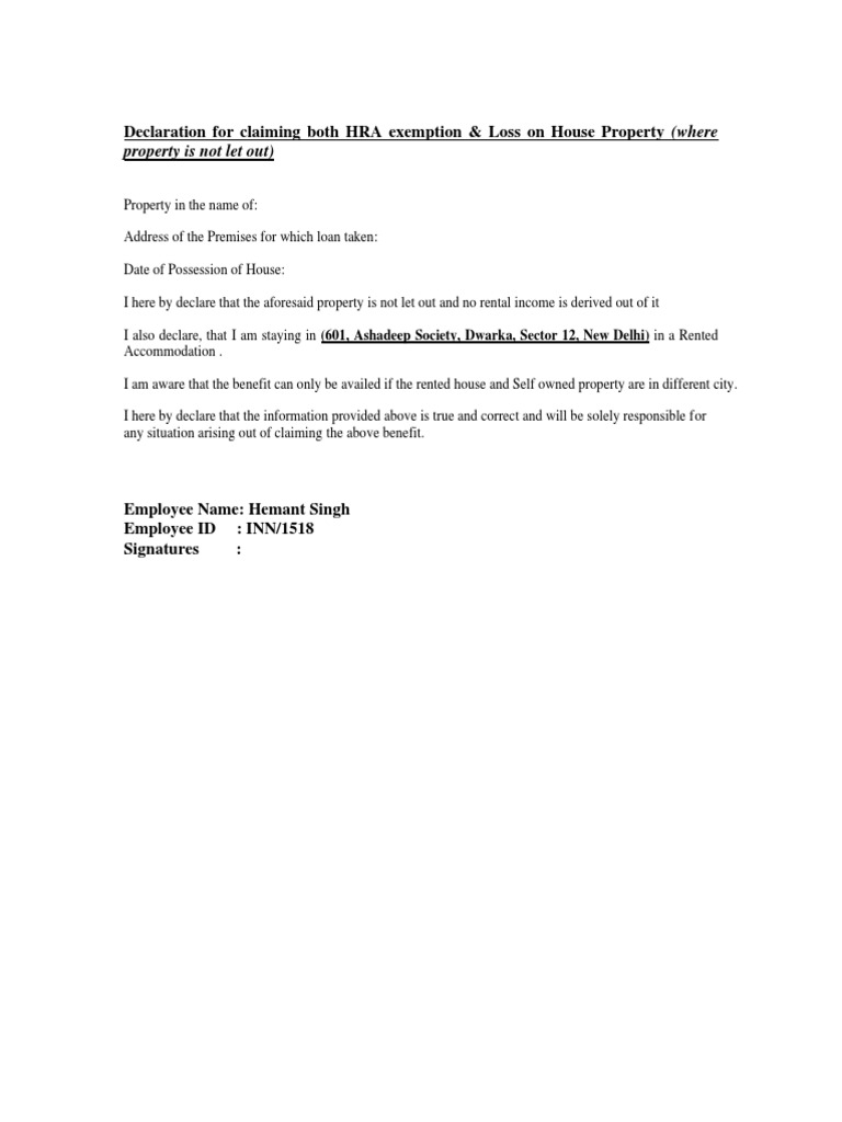 HRA Exemption Declaration Form | PDF