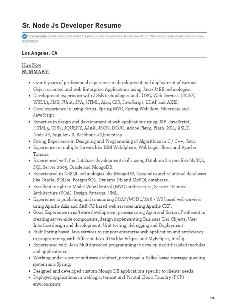 SR Node Js Developer Resume | PDF | Spring Framework | Databases