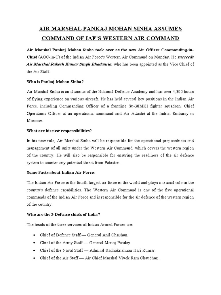 Air Marshal Pankaj Mohan Sinha Assumes Command of Iaf | PDF