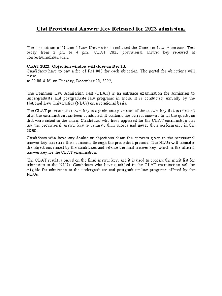 Clat Provisional Answer Key Released For 2023 Admission | PDF