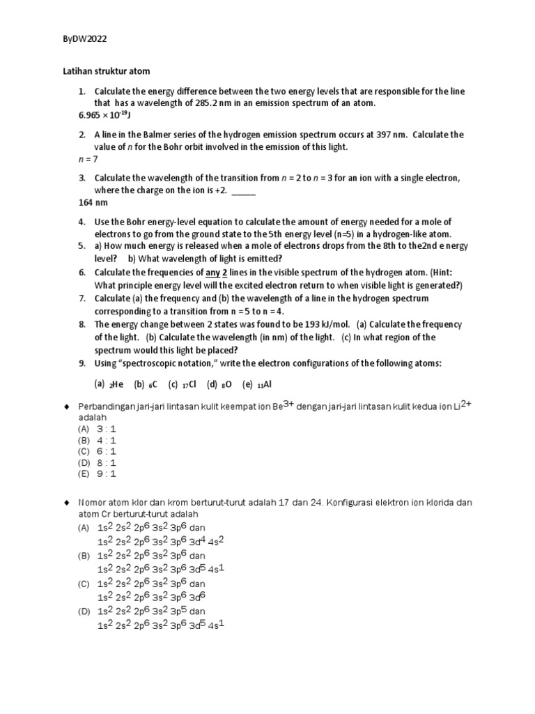 Atom Structure Exercises and Calculations | PDF | Energy Level | Emission Spectrum