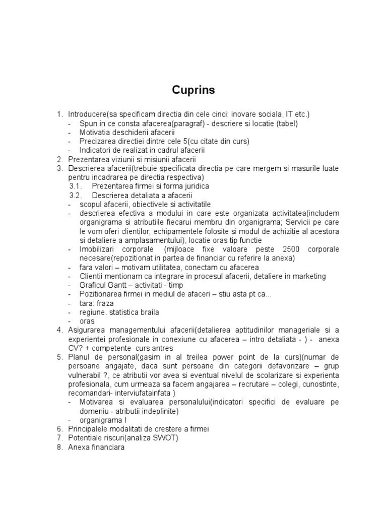 Plan de Afaceri Cuprins Partial | PDF