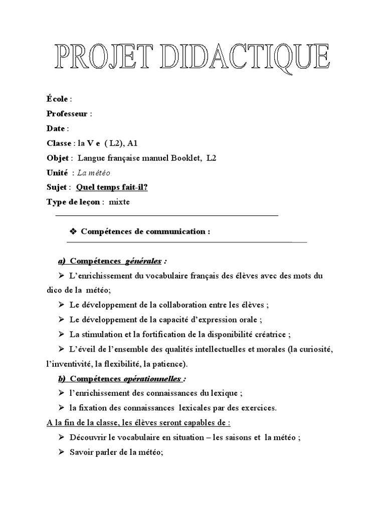 Projet de classe : La météo en L2 | PDF | Lexique