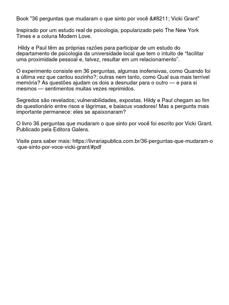 36 Perguntas Que Mudaram o Que Sinto Por Você – Vicki Grant | PDF | Ciências Sociais | Autoajuda