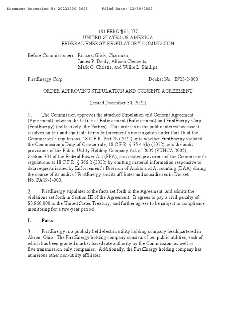 FERC Consent Agreement With FirstEnergy | PDF | Regulatory Compliance ...