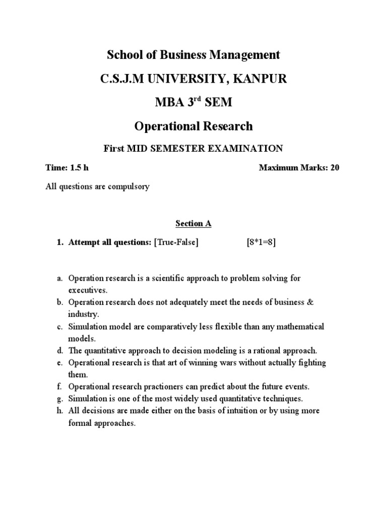 Operational Research Mid Sem 1 Paper | PDF | Operations Research | Scientific Method
