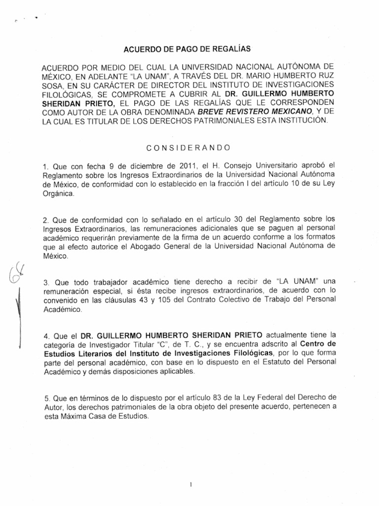 Contrato de Regalias de Sheridan y La UNAM | PDF