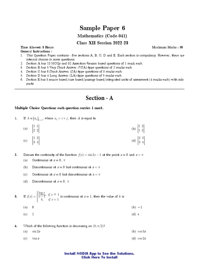 Sample Paper 1 | Download Free PDF | Equations | Trigonometric Functions