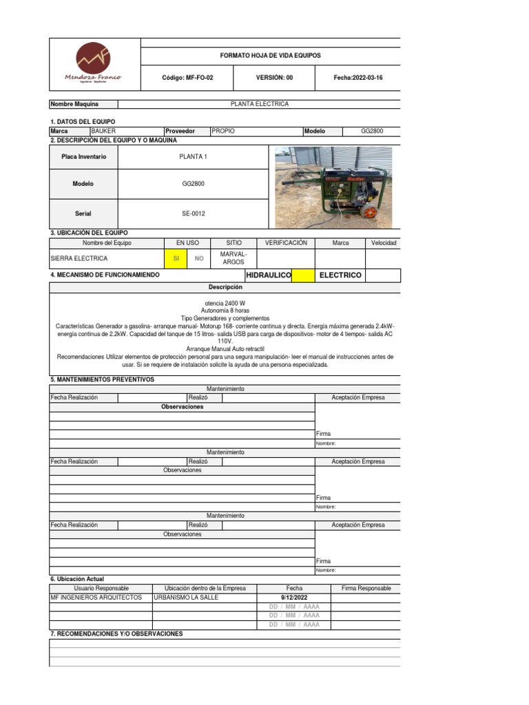 Formato Hoja de Vida PLANTA ELECTRICA | PDF | Ingenieria Eléctrica | Bienes manufacturados