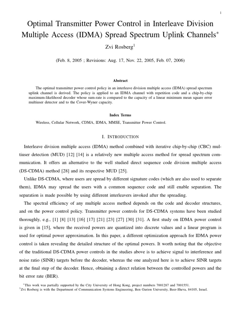 Optimal Transmitter Power Control in Interleave Division Multiple Access (IDMA) Spread Spectrum ...