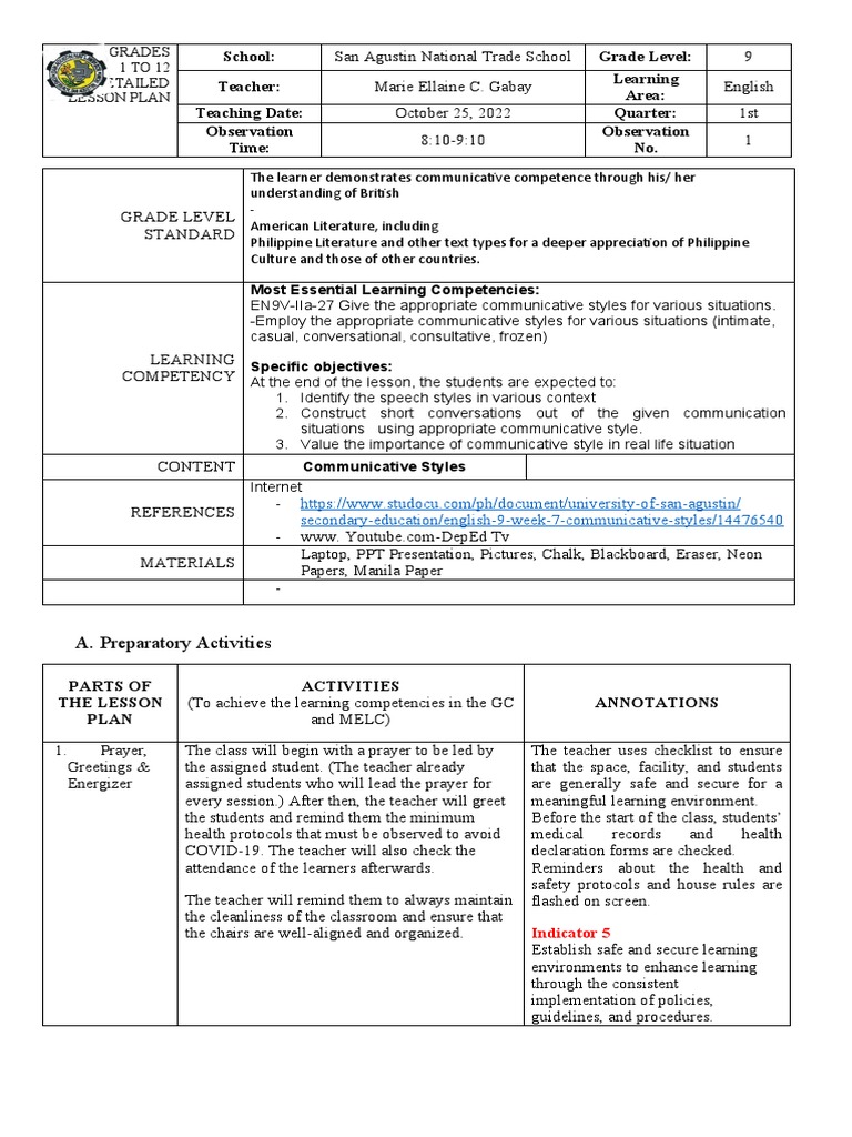 1st COT in English 9 (AutoRecovered) | PDF | Learning | Teachers