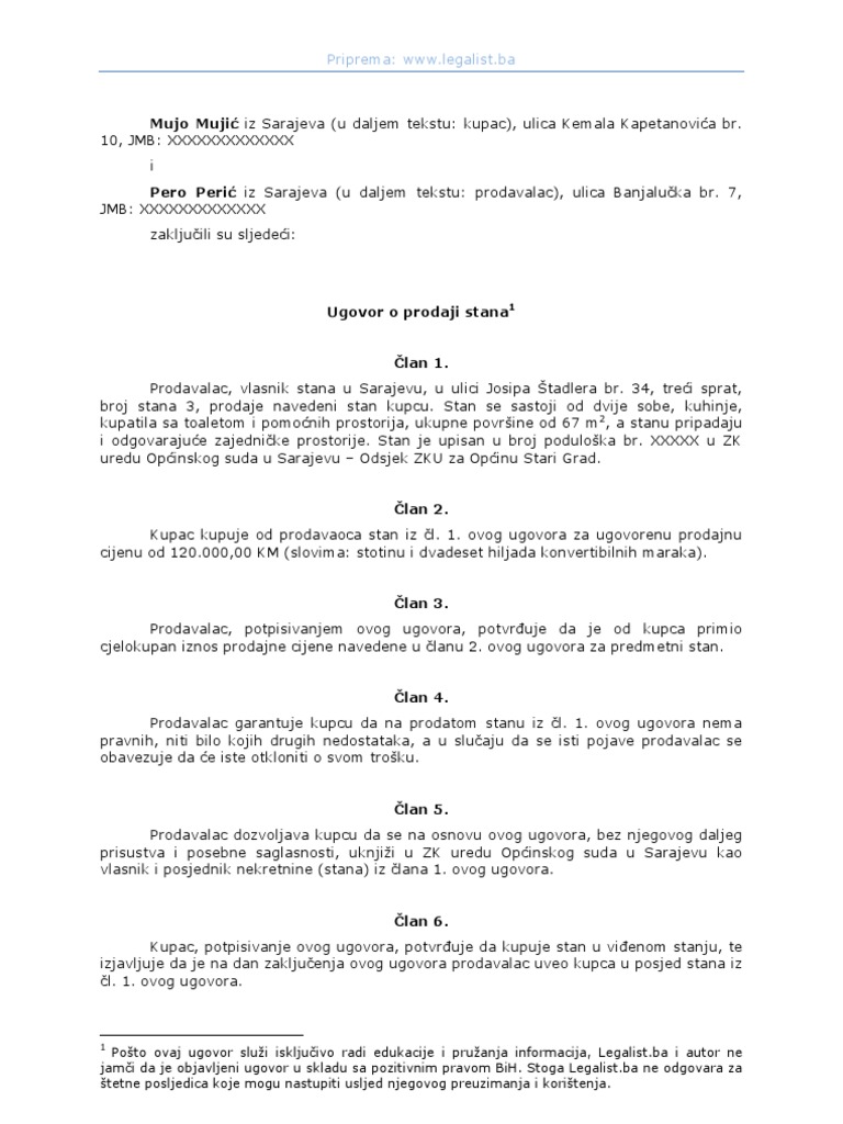 Ugovor o Prodaji Stana Primjer | PDF