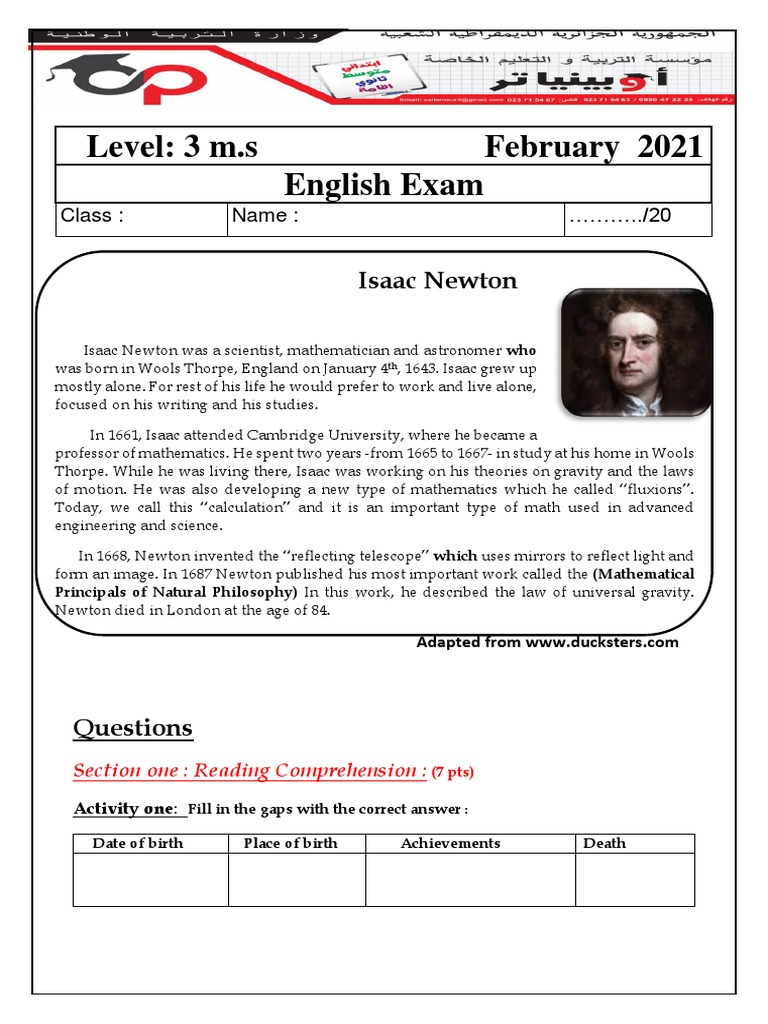 Dzexams 3am Anglais 717158 | PDF | Isaac Newton | Mathematics