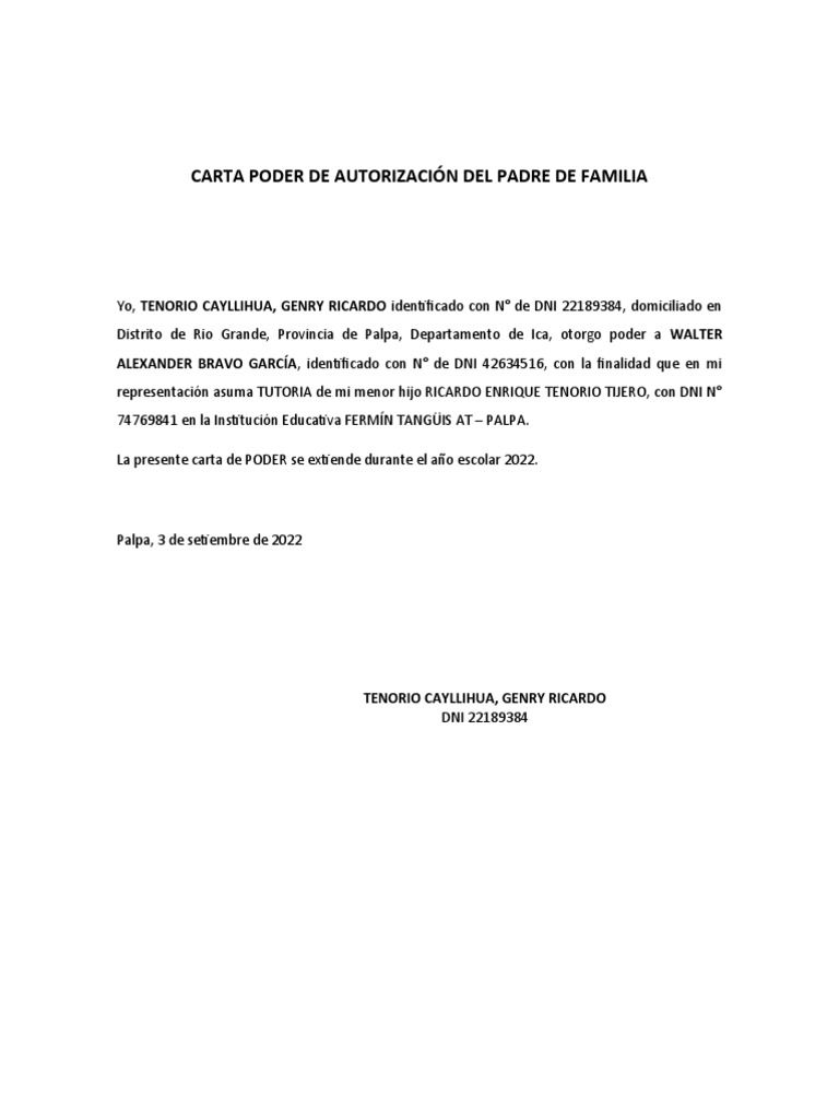 Carta Poder de Autorización Del Padre de Familia | PDF