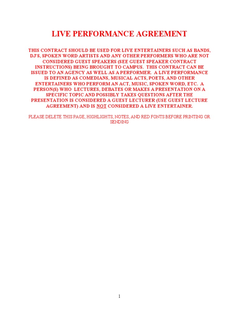 Live Performance Agreement Template | PDF | Indemnity | Insurance