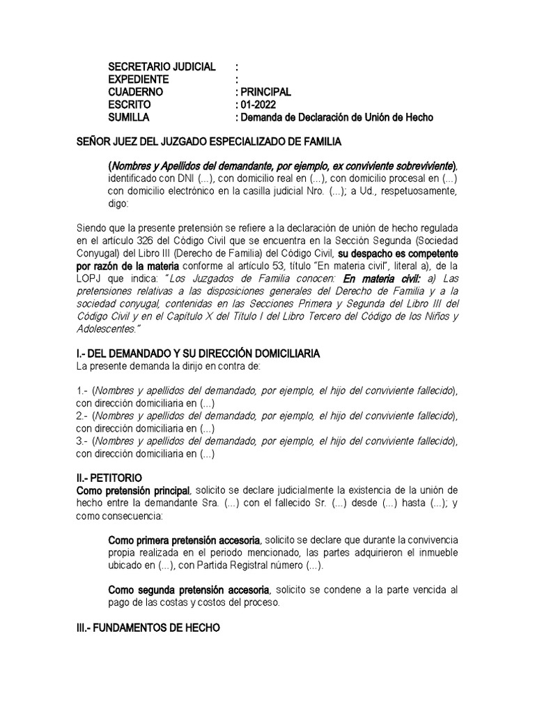 Demanda de Declaración de Unión de Hecho | PDF | Demanda judicial | Asociación doméstica