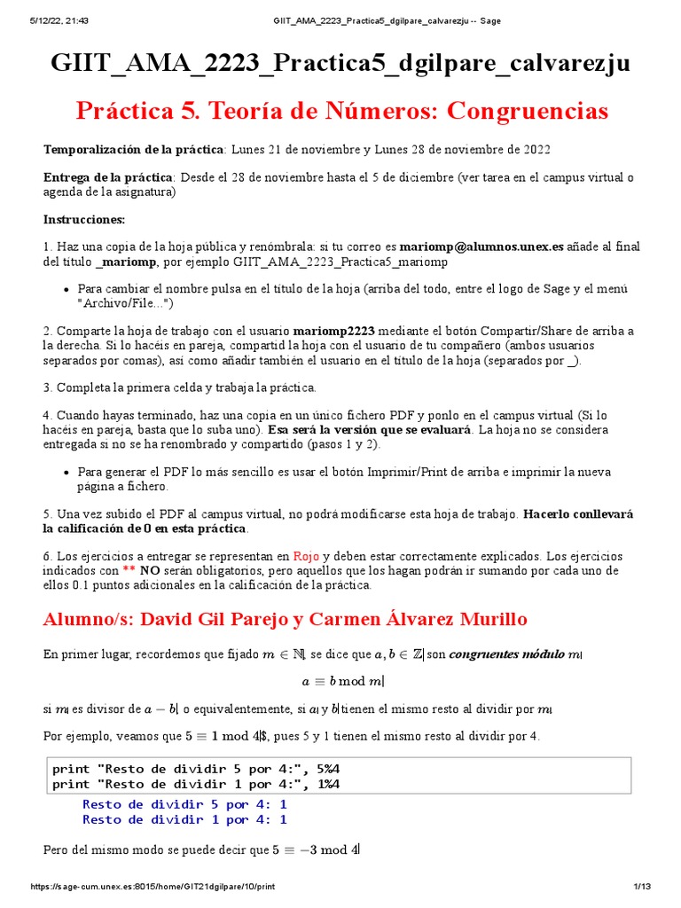 GIIT AMA 2223 Practica5 Dgilpare Calvarezju - Sage | PDF | Matemáticas | Teoría de los números