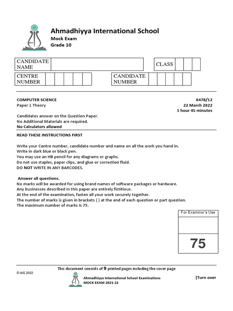 Mock p1 Ais Comp Sci Cie Igcse | PDF | Solid State Drive | Input/Output
