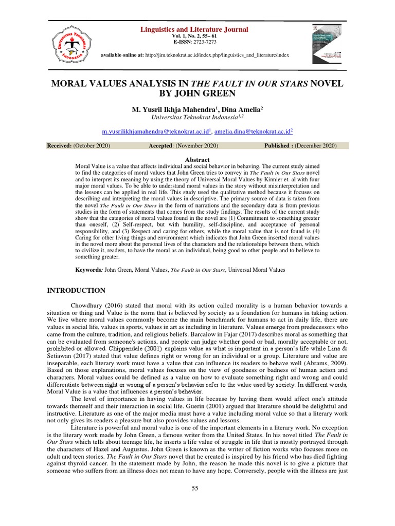 Moral Values Analysis in The Fault in Our Stars Novel by John Green ...