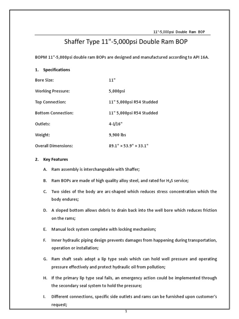 11in 5K Double Ram BOP Specs Sheet | PDF | Mechanical Engineering | Machines