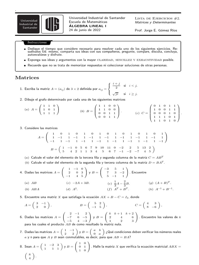 Taller2 Matrices | PDF | Matriz (Matemáticas) | Determinante