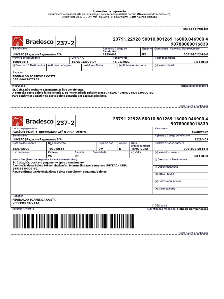 Boleto Faculdade | Download grátis PDF | Serviços financeiros | Bancos