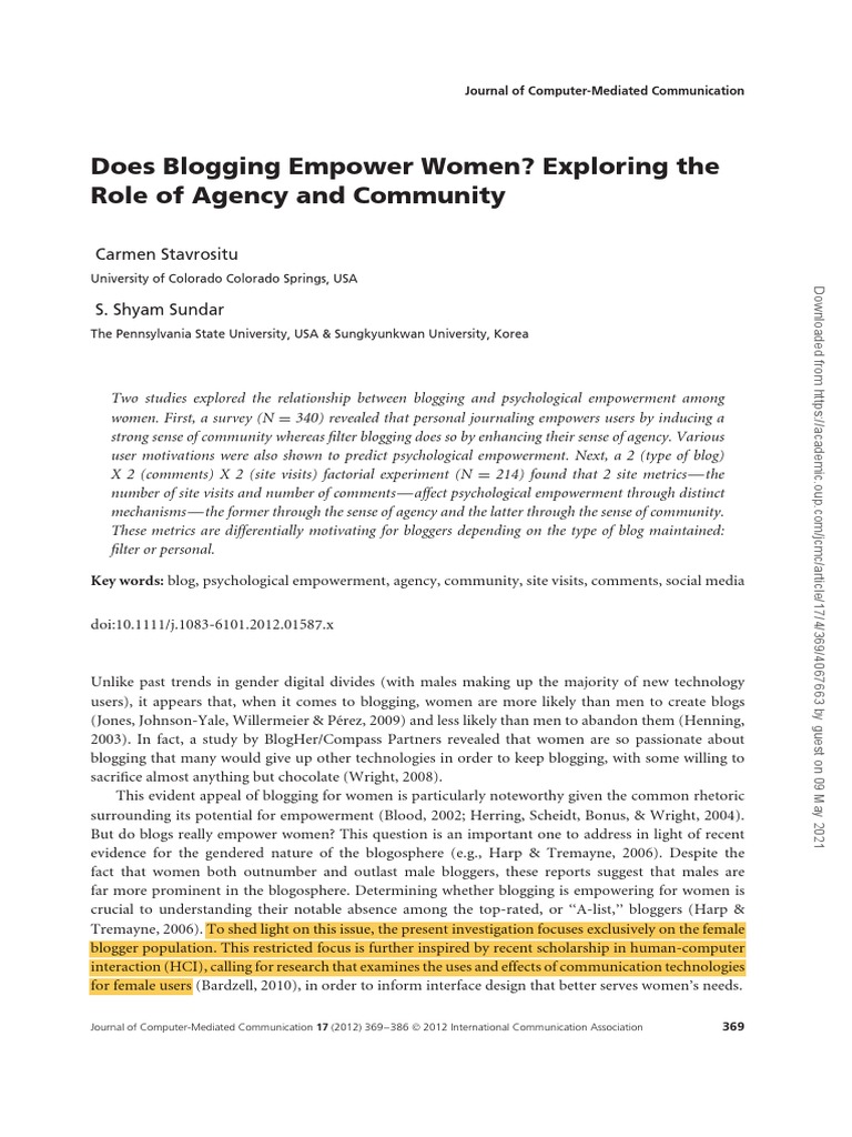 Does Blogging Empower Women? Explorin The Role of Agency and Comunitie | PDF | Dependent And ...