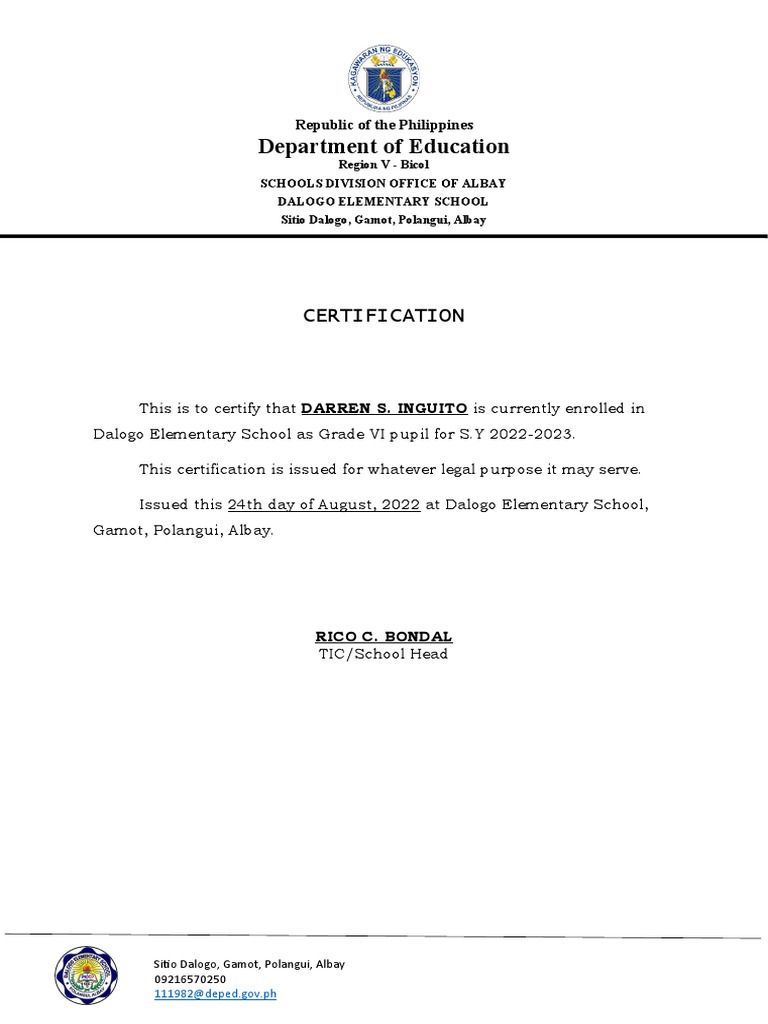 CERTIFICATE OF Enrollment | PDF