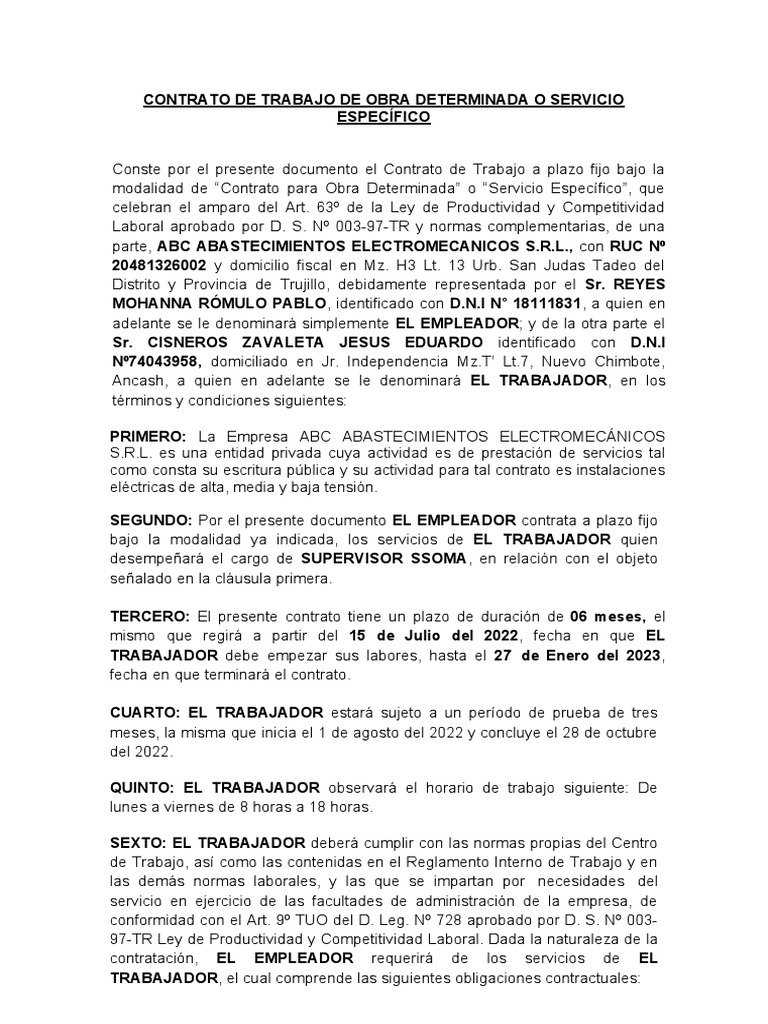 CONTRATO DE TRABAJO DE OBRA DETERMINADA O SERVICIO ESPECÍFICO - Ssoma | PDF | Derecho laboral ...